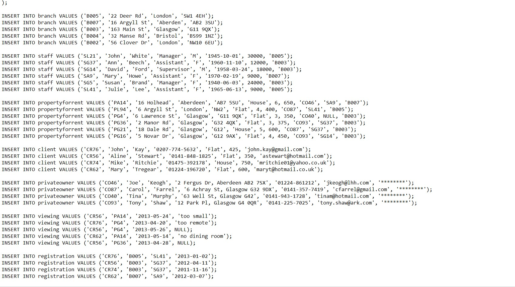 Solved CREATE DATABASE dreamhome; USE dreamhome; PRIMARY | Chegg.com