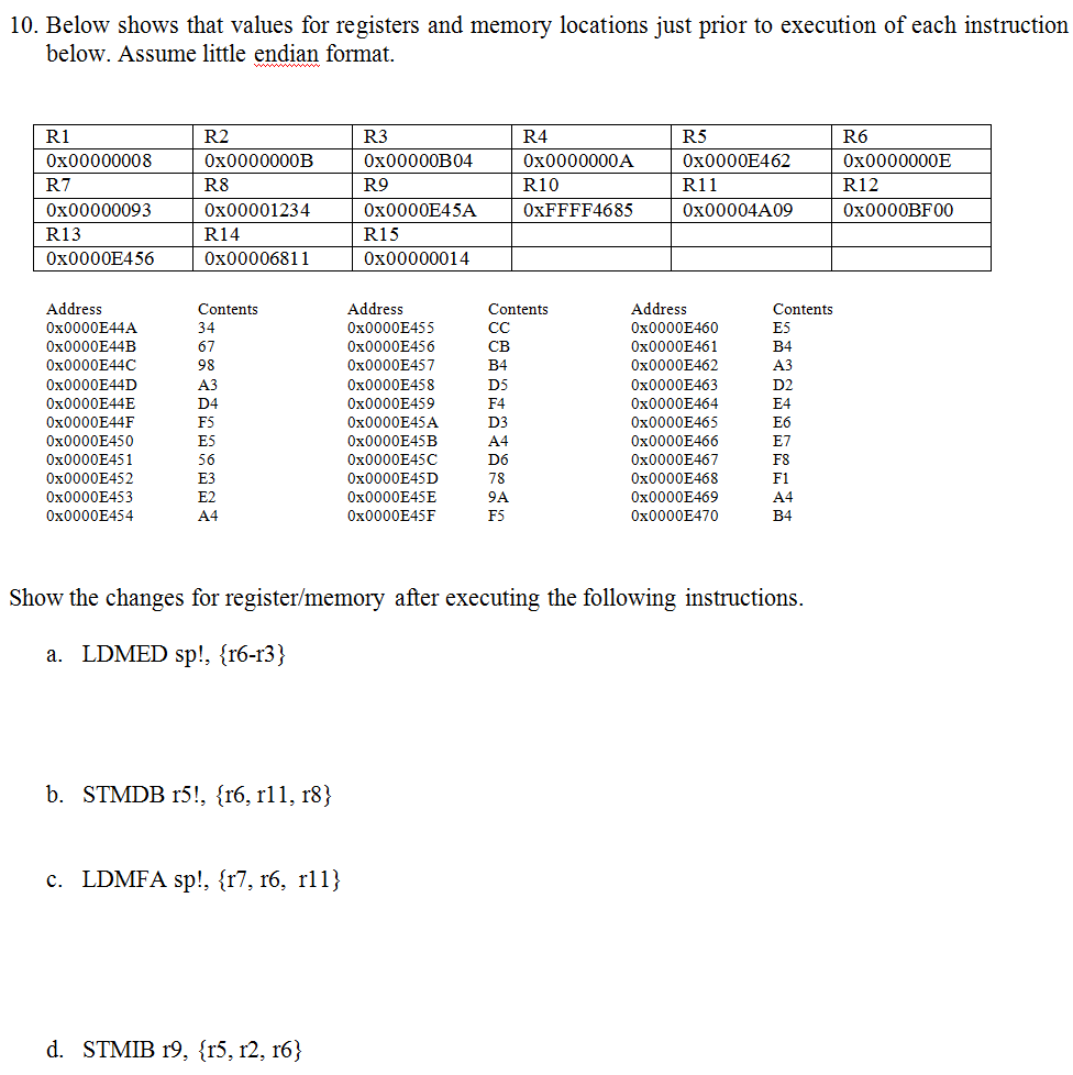 10. Below shows that values for registers and memory | Chegg.com