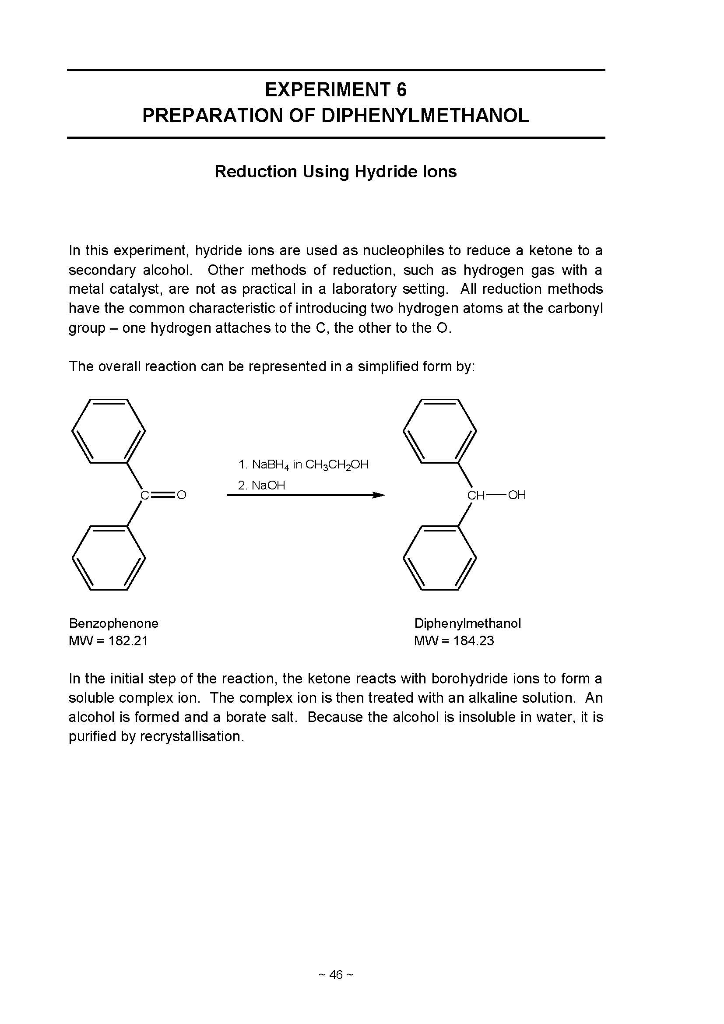 Solved PREPARATION OF DIPHENYLMETHANOL - Reduction | Chegg.com