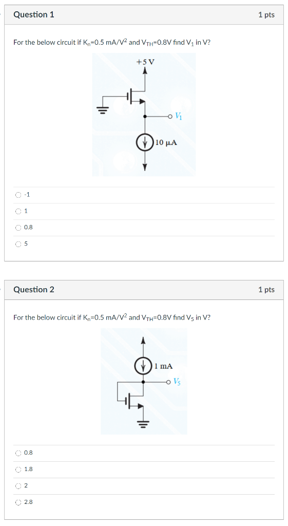 Solved Question 1 1 pts For the below circuit if Kn=0.5 | Chegg.com
