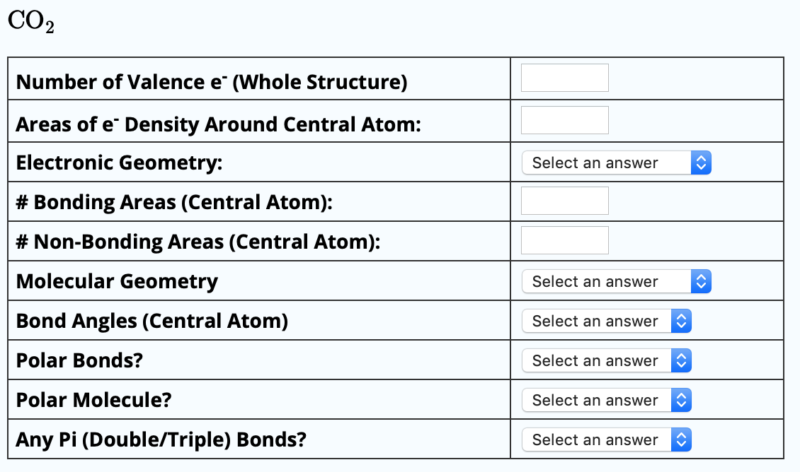 Solved CO2 Number of Valence e" (Whole Structure) Select an | Chegg.com