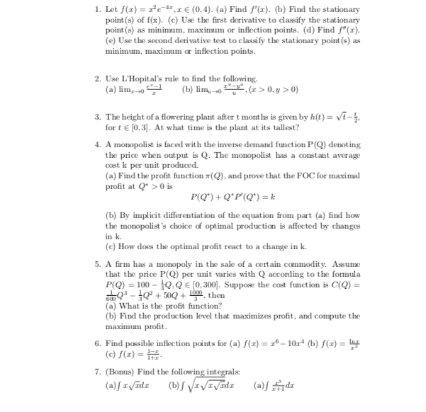 Solved 1. Let f(x)=x2e−4x,x∈(0,4). (a) Find f′(x). (b) Find | Chegg.com