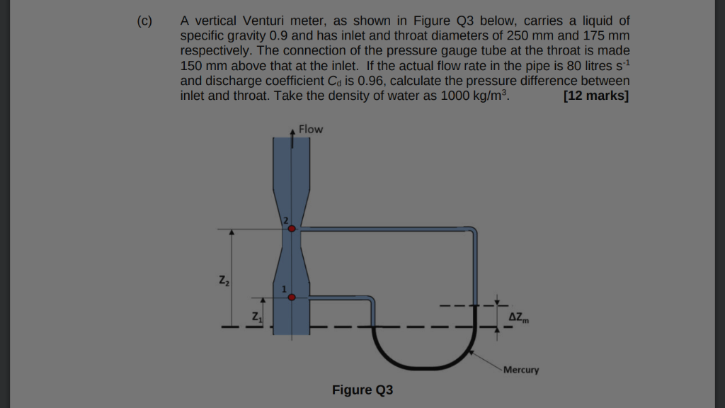 Solved (c) A vertical Venturi meter, as shown in Figure Q3 | Chegg.com