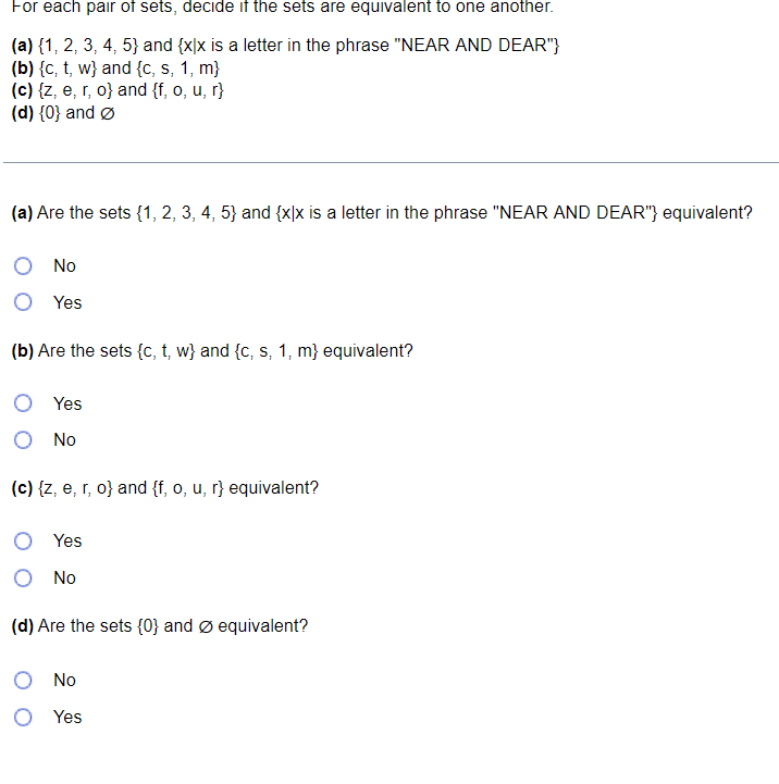 Solved For each pair of sets, decide if the sets are | Chegg.com