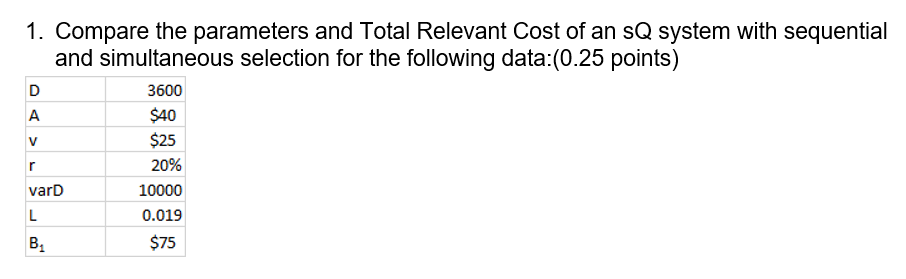 D A 1. Compare the parameters and Total Relevant Cost | Chegg.com