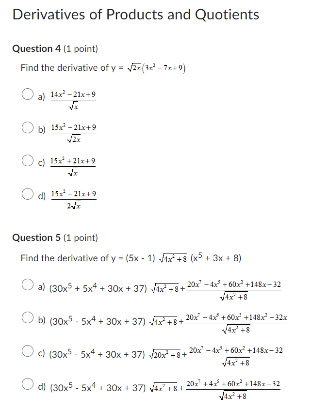 Derivatives of Products and Quotients Question 4 (1 | Chegg.com