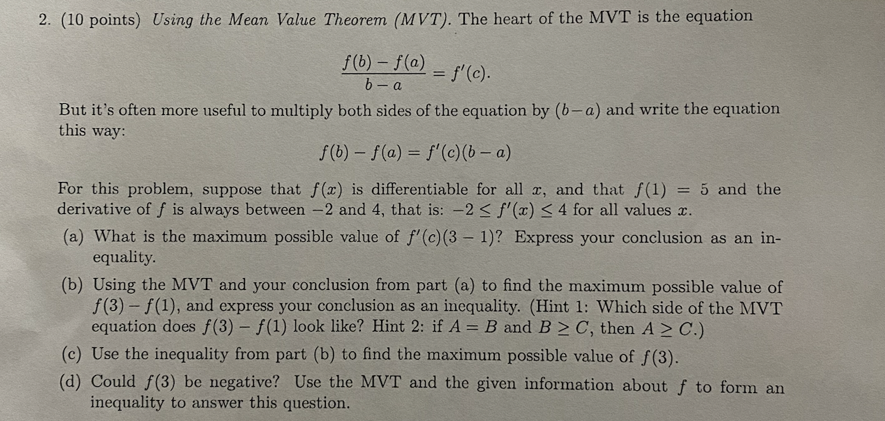 2. (10 points) Using the Mean Value Theorem (MVT). | Chegg.com
