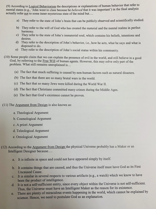 (9) According to Logical Behaviorism the descriptions | Chegg.com