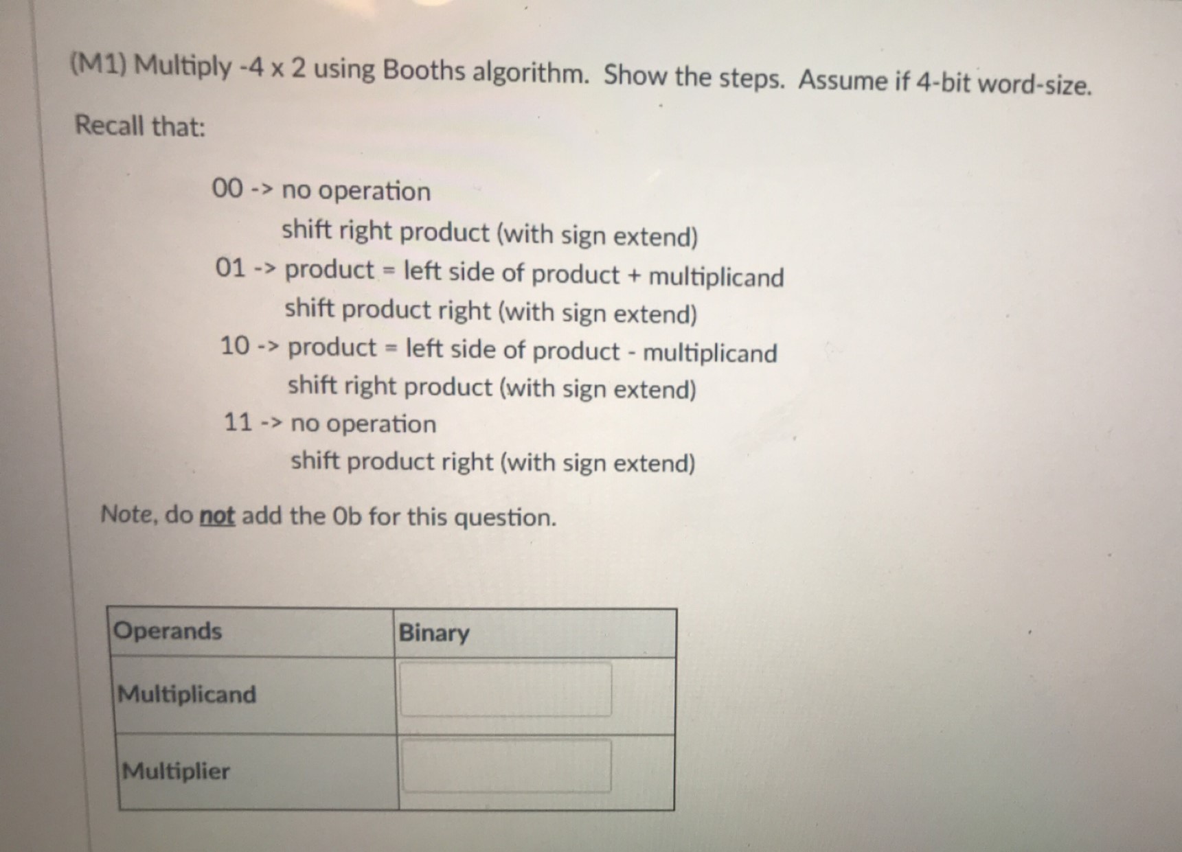 Solved (M1) Multiply - 4 x 2 using Booths algorithm. Show | Chegg.com