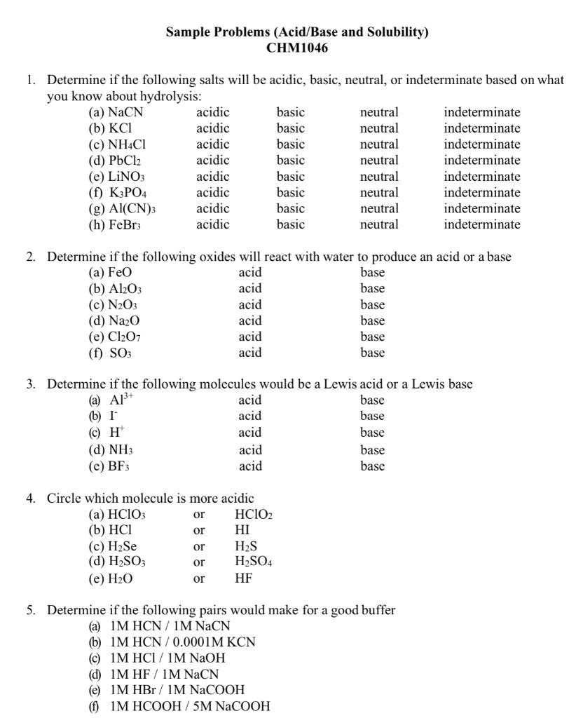 Solved Sample Problems (Acid/Base and Solubility) CHM1046 1. | Chegg.com
