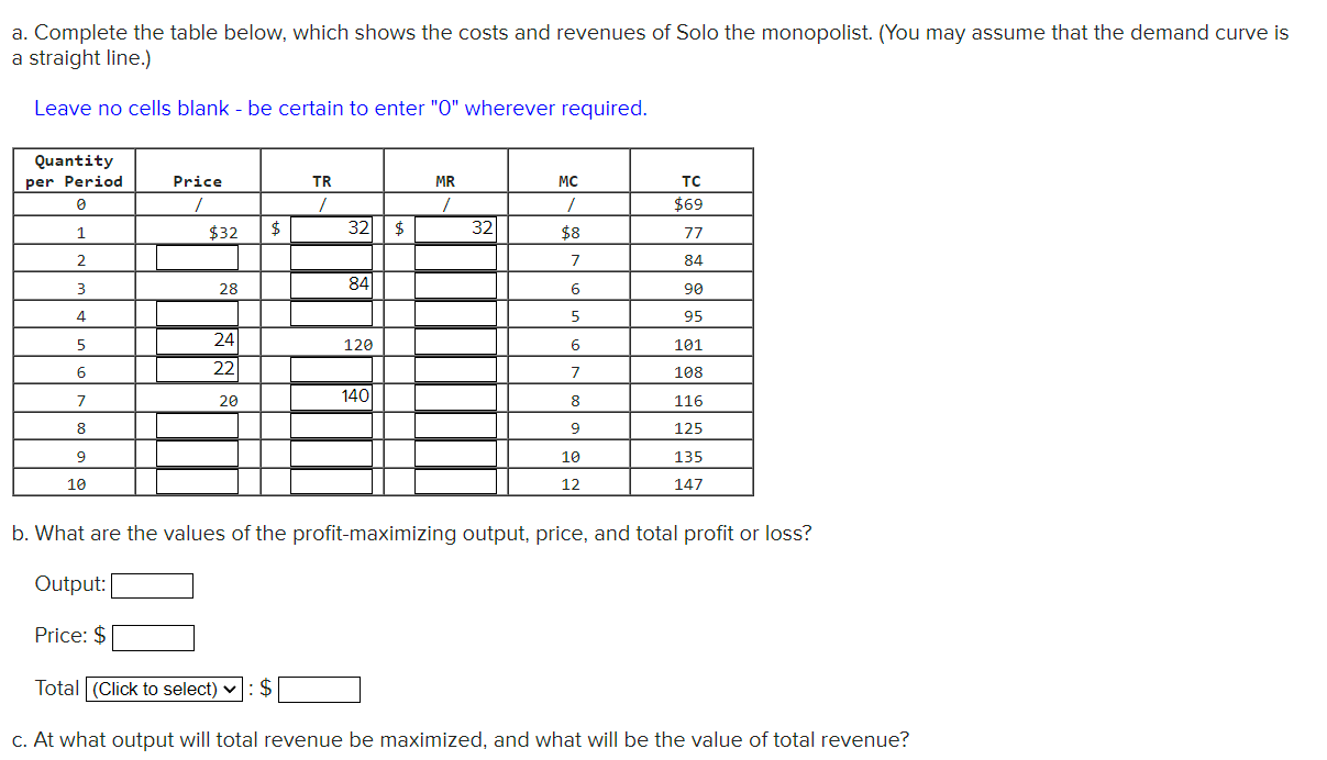 Solved a. Complete the table below, which shows the costs | Chegg.com