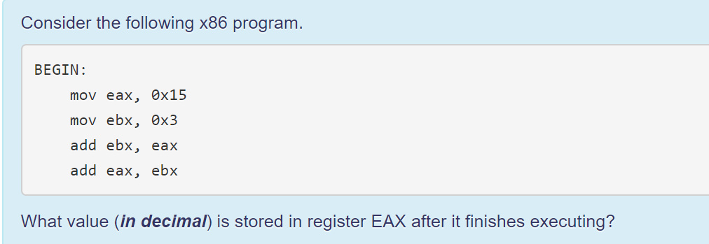 Solved Consider the following x86 program BEGIN: mov eax, | Chegg.com