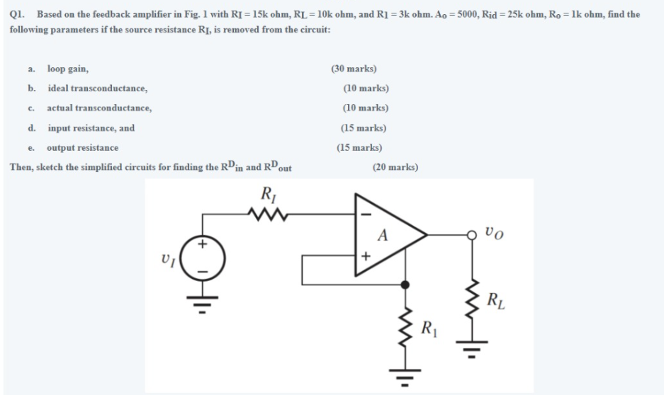Solved Q1. Based on the feedback amplifier in Fig. 1 with RI | Chegg.com