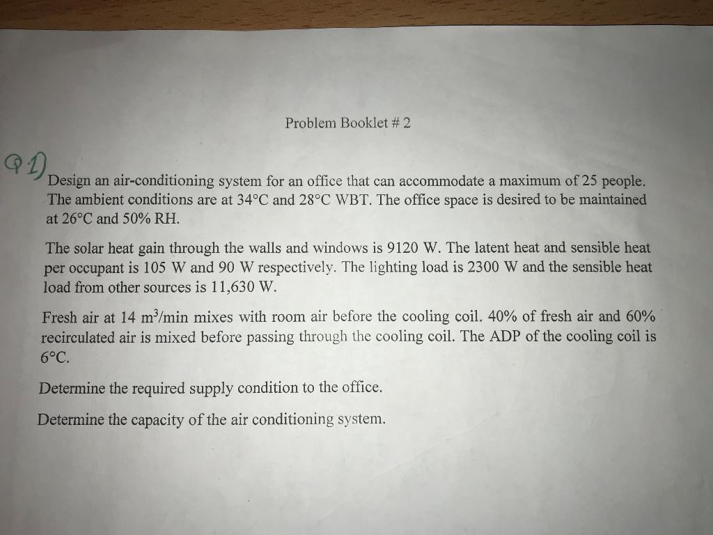 Solved Problem Booklet # 2 Design an air-conditioning system | Chegg.com