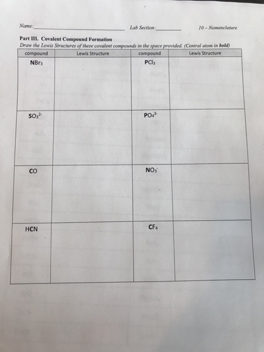 Solved Name Lab Section 10 Nomenclature Part Iii Covalent