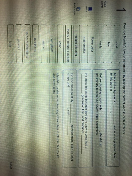 Solved Describe Mendel's laws of inheritance by placing the | Chegg.com