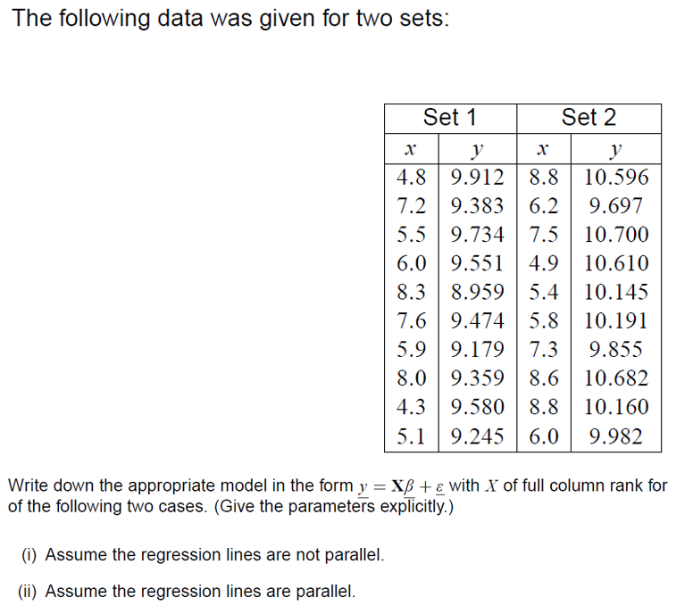 Solved The following data was given for two sets: Set 1 Set | Chegg.com