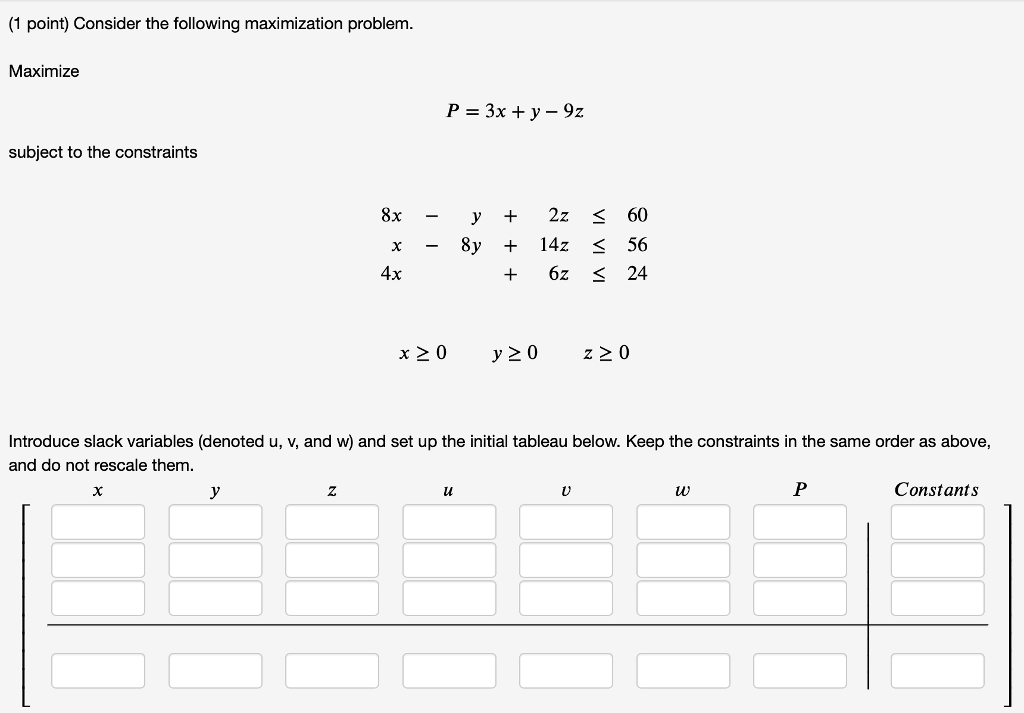 Solved 1 point) Consider the following maximization problem. | Chegg.com