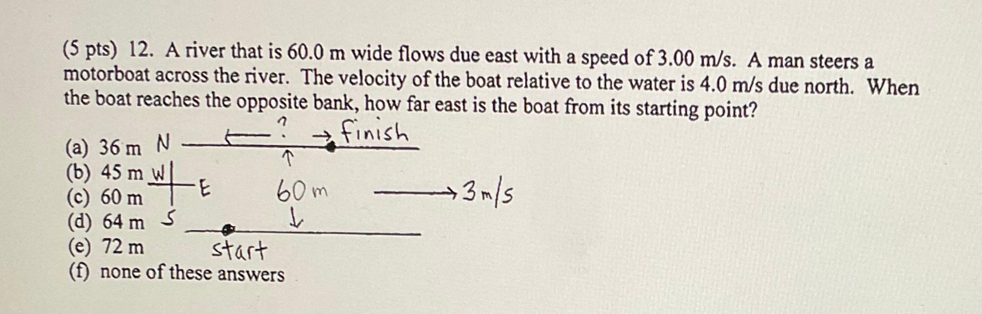 Solved (5 pts) 12. A river that is 60.0 m wide flows due | Chegg.com