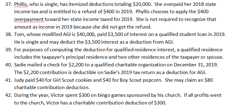 Solved 37. Phillis, who is single, has itemized deductions | Chegg.com