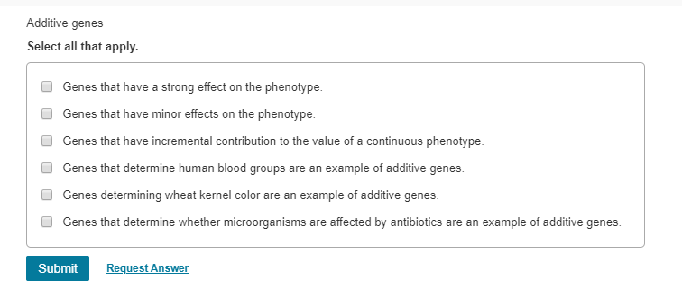 Solved Additive genes Select all that apply. Genes that have | Chegg.com
