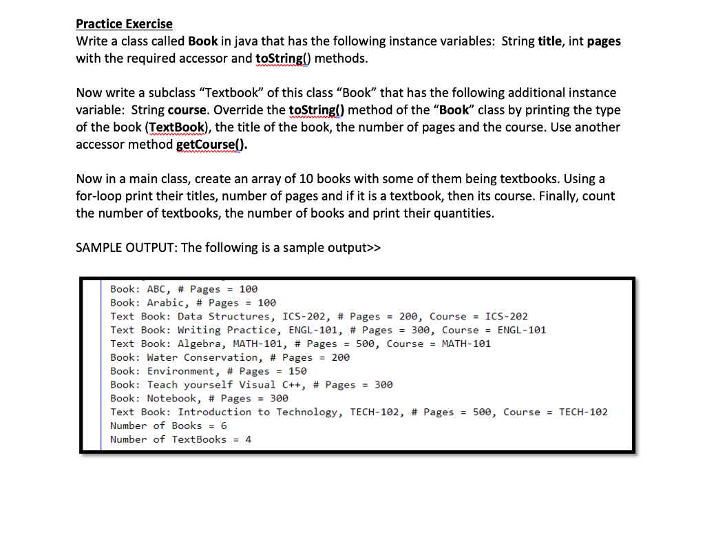 Solved Practice Exercise Write a class called Book in java | Chegg.com