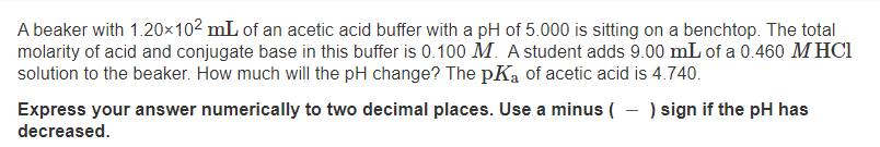 Solved A beaker with 1.20x102 mL of an acetic acid buffer | Chegg.com