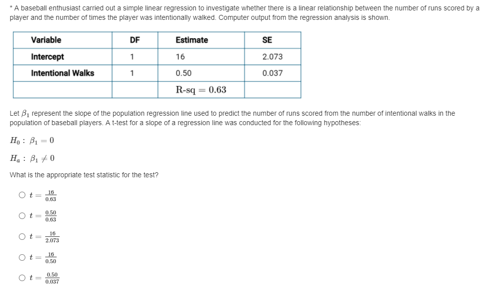 Solved * A baseball enthusiast carried out a simple linear | Chegg.com
