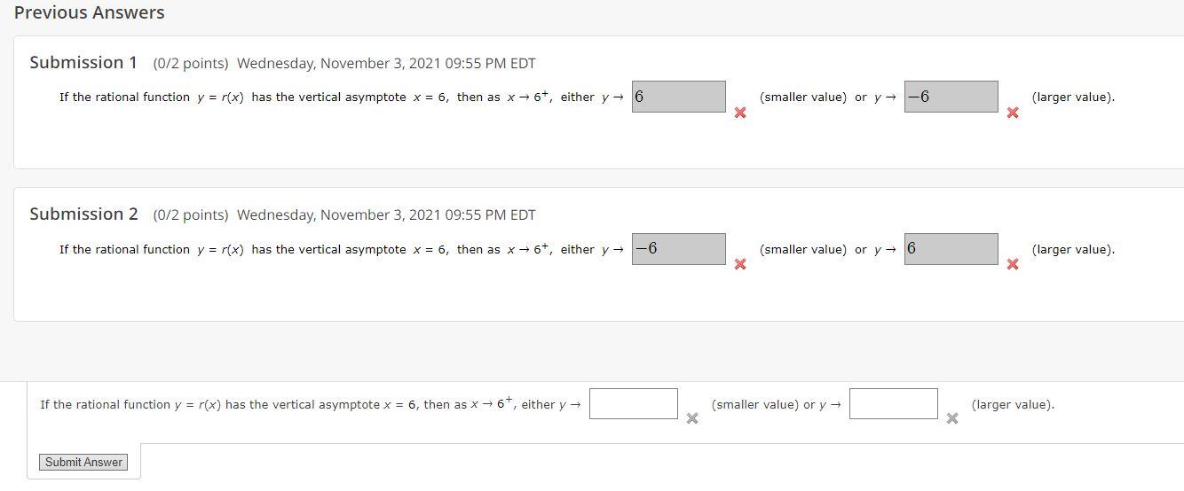 Solved Previous Answers Submission 1 (0/2 points) Wednesday, | Chegg.com