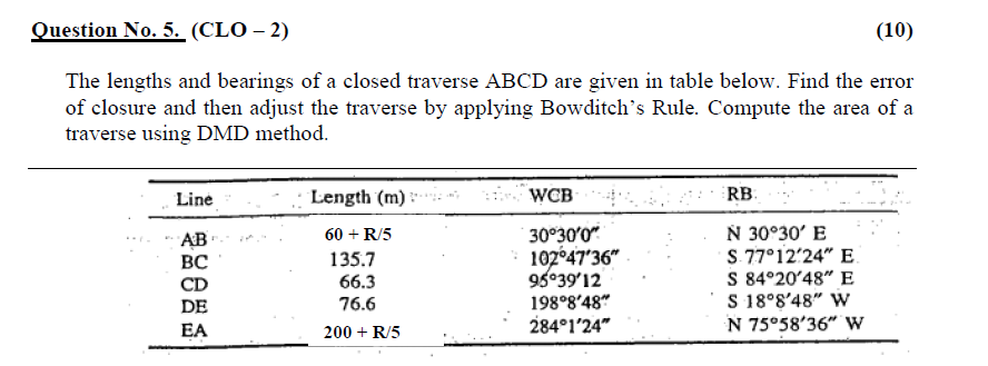 Solved Question No. 5. (CLO-2) (10) The lengths and bearings | Chegg.com
