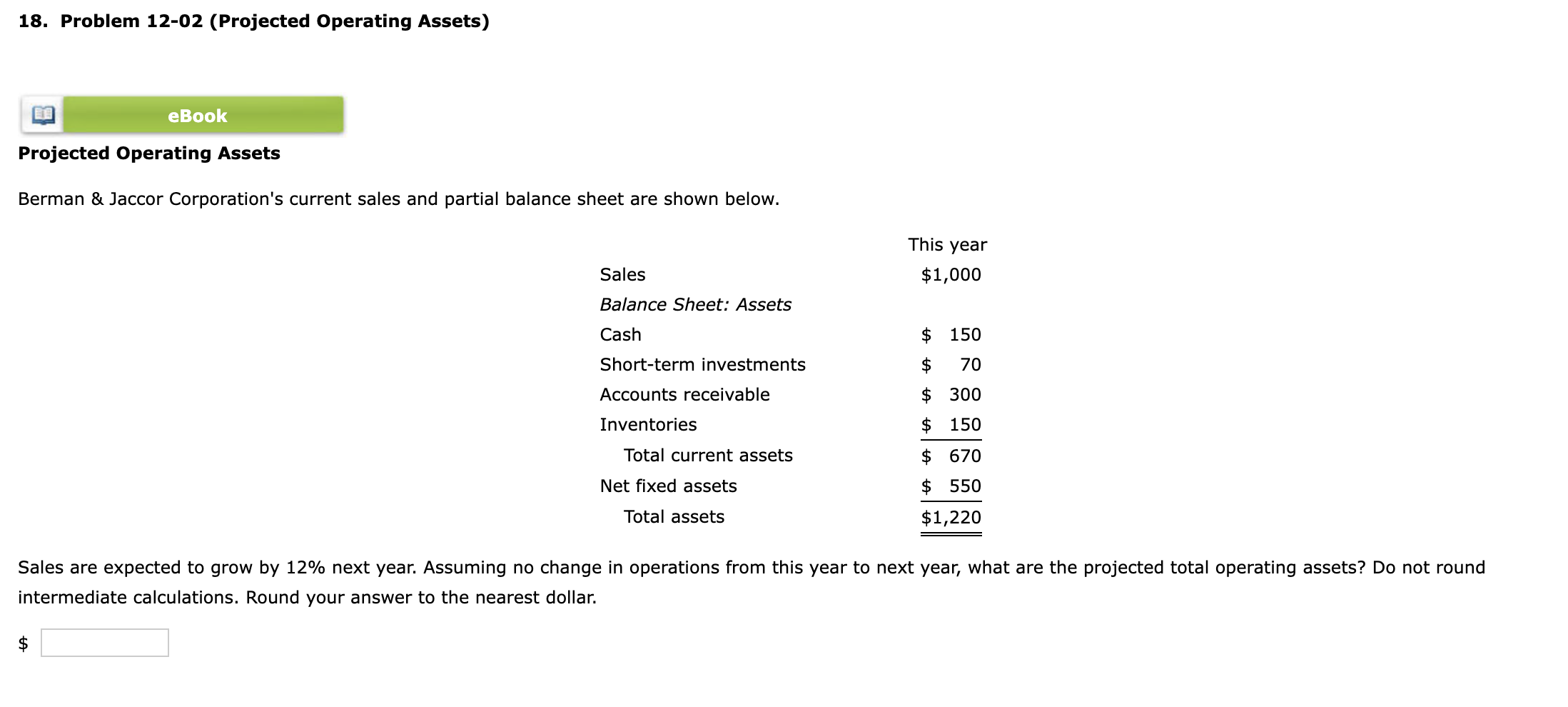 Solved 18. Problem 12-02 (Projected Operating Assets) | Chegg.com