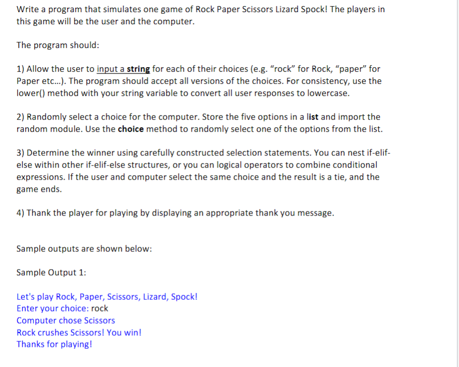 Solved Rock Paper Scissors Lizard Spock is a variation of | Chegg.com