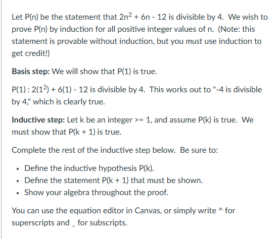 Solved Let P(n) be the statement that 2n2 + 6n - 12 is | Chegg.com