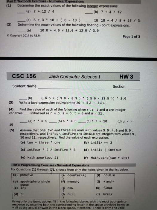 Solved Part 2 Textbook Exercises Numerical Expressions (1) | Chegg.com