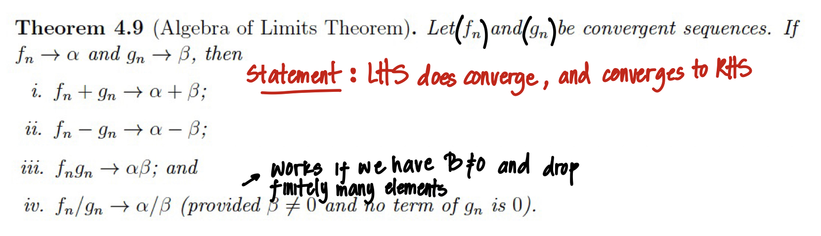 Solved Theorem 4.9 (Algebra of Limits Theorem). Let (fn) and | Chegg.com