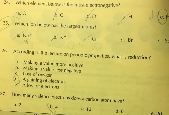 Solved 24. Which element below is the most electronegative? | Chegg.com