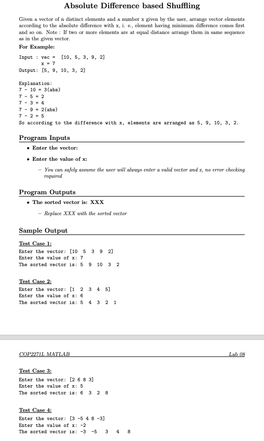 Solved Absolute Difference based Shuffling Given a vector of | Chegg.com