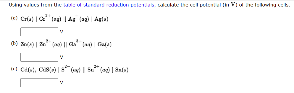 Solved Using values from the table of standard reduction | Chegg.com