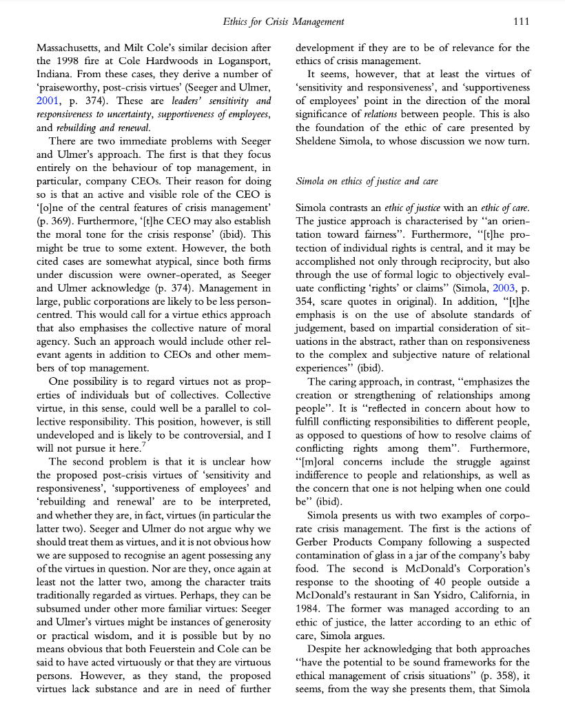 Solved Read Approaches to Ethics for Corporate Crisis | Chegg.com