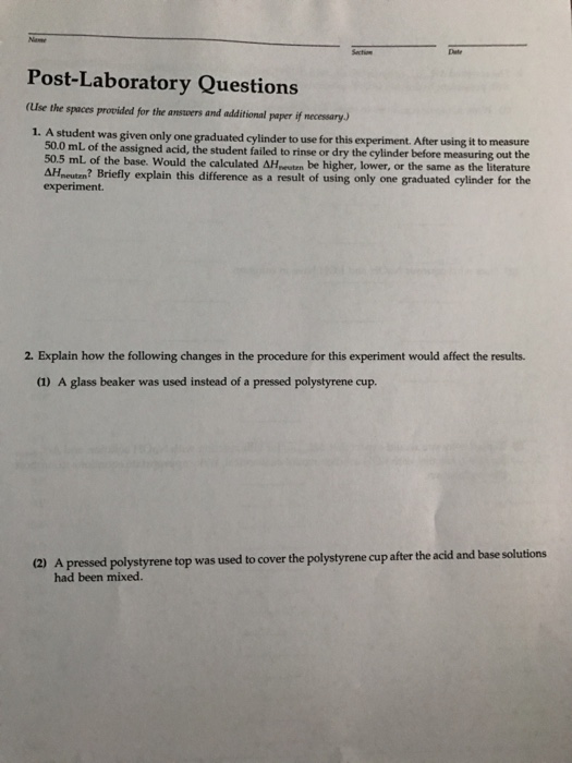 Solved Post Laboratory Questions Use The Spaces Provided