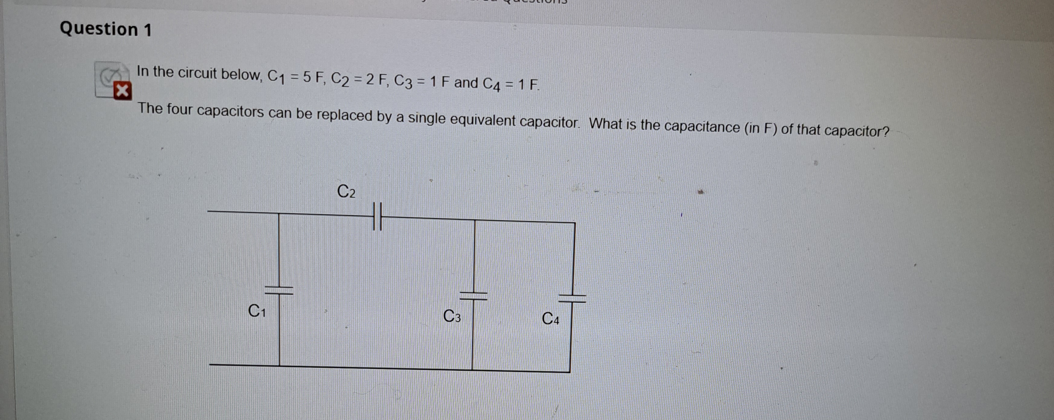 Solved In the circuit below, C1=5 F,C2=2 F,C3=1 F and C4=1 | Chegg.com