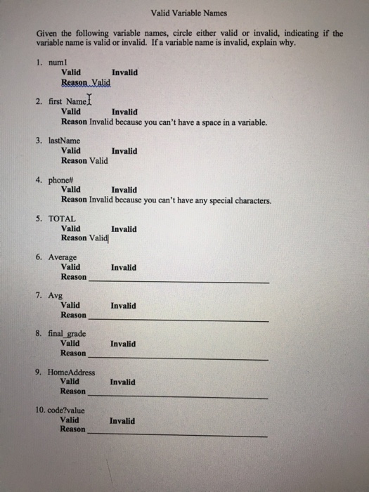 Solved Determine If Variable Name Is Valid Or Invalid If Chegg
