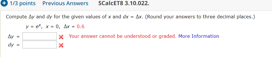 Solved + 1/3 points Previous Answers CalcET8 3.10.022. | Chegg.com