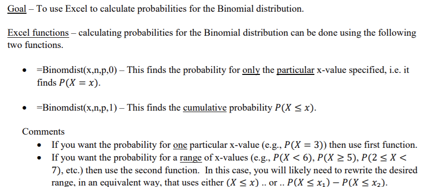 Solved Goal – To use Excel to calculate probabilities for | Chegg.com