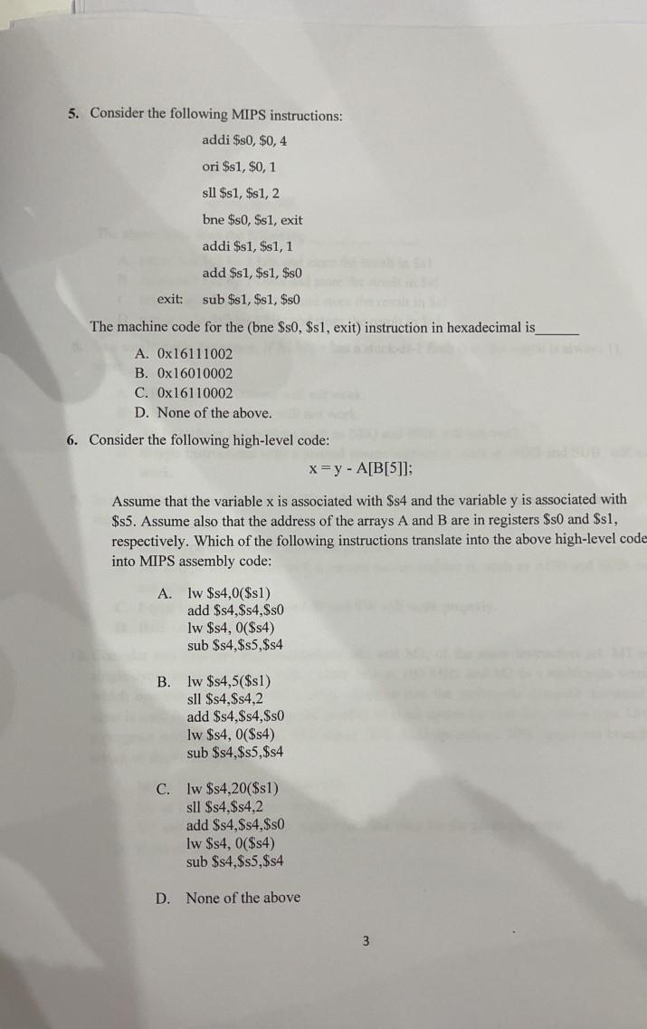 Solved 5. Consider the following MIPS instructions: addi | Chegg.com