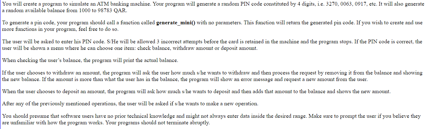 Solved You will create a program to simulate an ATM banking | Chegg.com