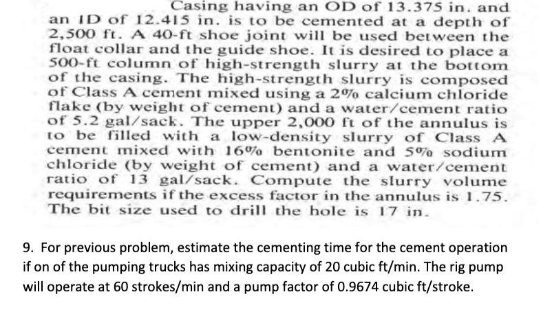 Casing having an OD of 13.375 in. and an ID of 12.415 | Chegg.com