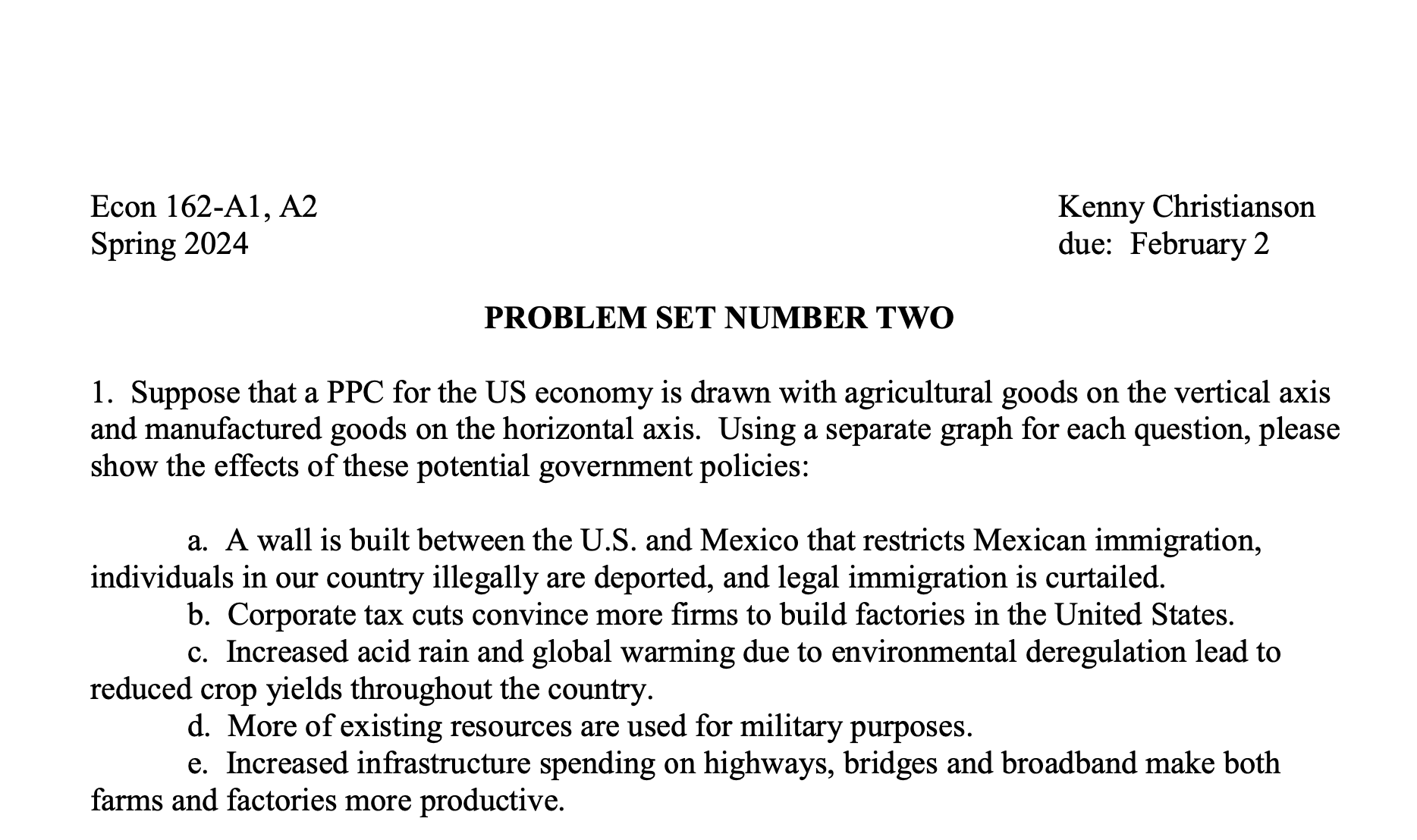 Solved PROBLEM SET NUMBER TWOSuppose that a PPC for the US | Chegg.com
