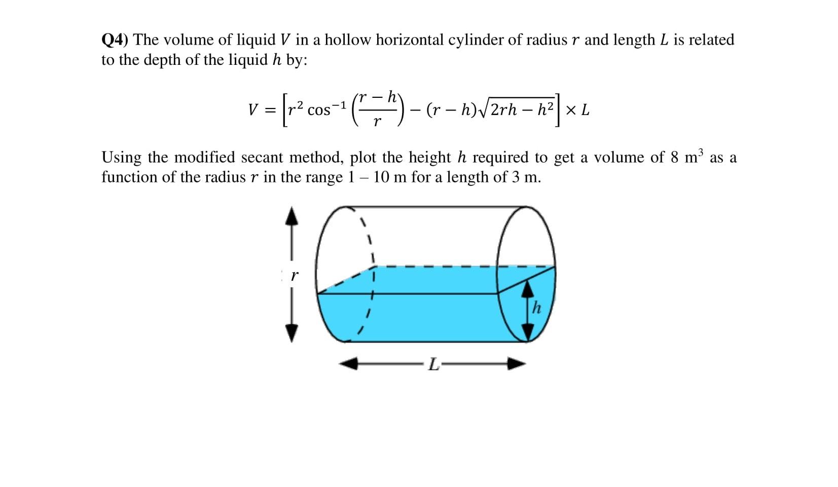 Solved a Q4) The volume of liquid V in a hollow horizontal | Chegg.com