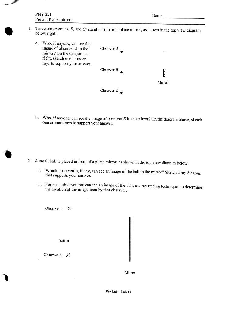 Solved PHY 221 Name Prelab: Plane mirrors 1. Three observers | Chegg.com